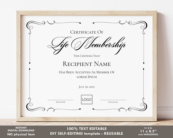 Life Membership Certificate Template Editable Printable | Etsy
