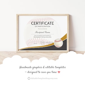 Editable Baseball Certificate Template, Sports Certificate Award ...
