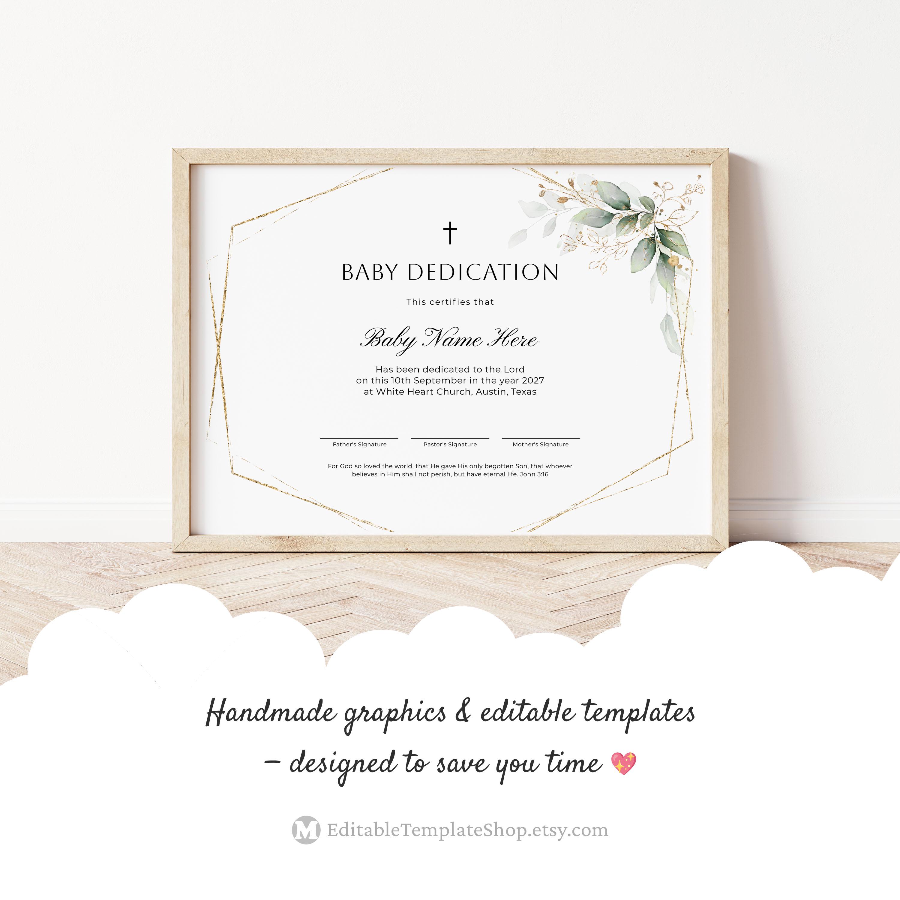 Classic Baby Dedication Template Editable Presentation Certificate ...