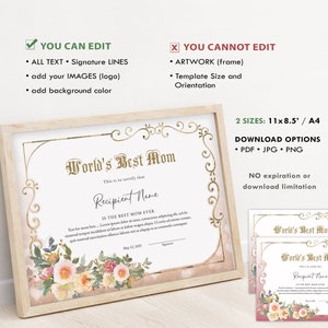 Editable Best Mom Certificate Template Mother's Day Certificate Best ...