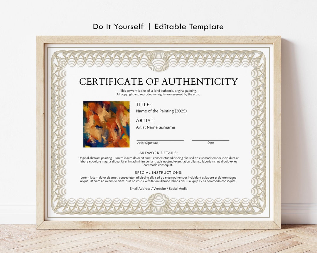 Editable Certificate of Authenticity for Artwork, Authenticity ...
