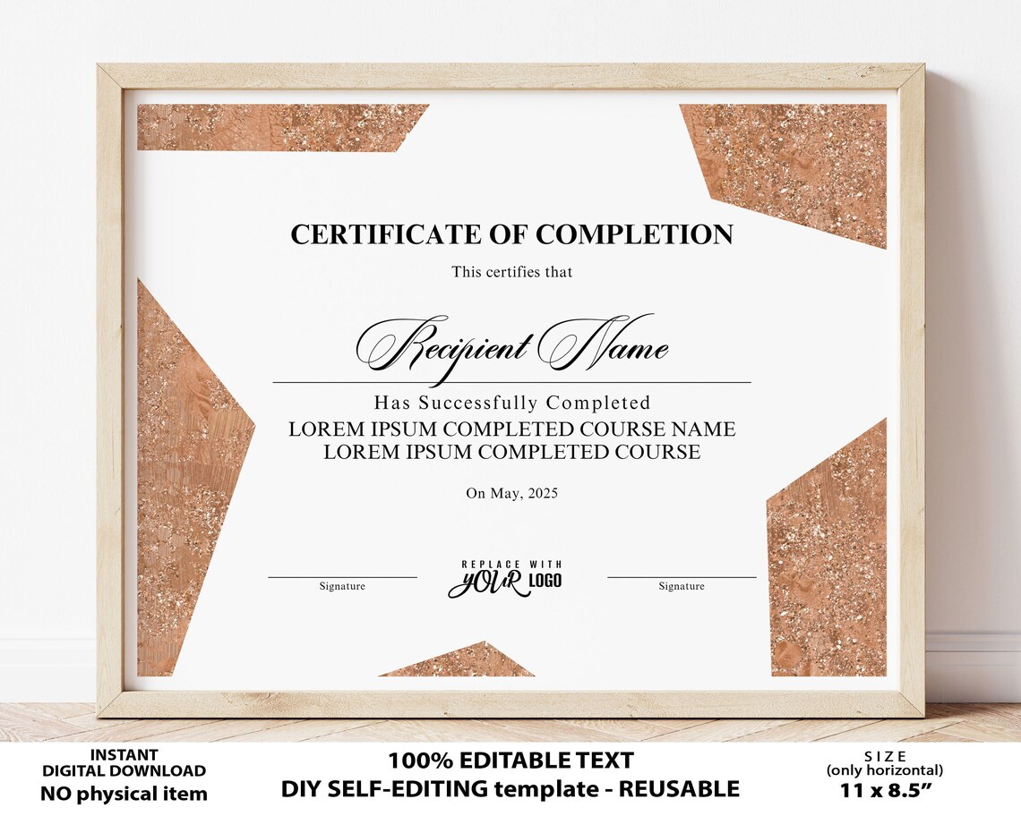 EDITABLE Completion Certificate Template Printable Modern - Etsy