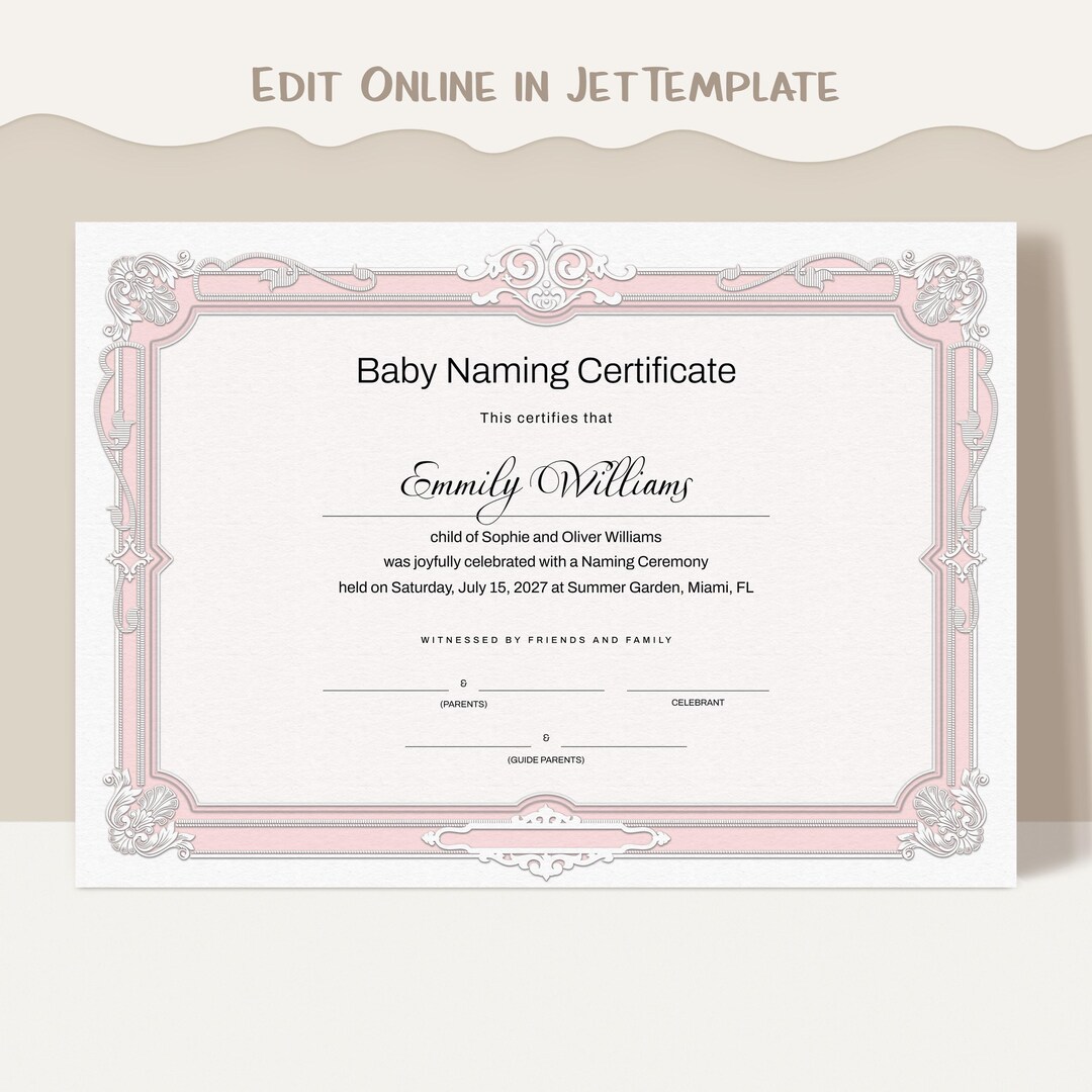 Editable Baby Girl Naming Certificate Template Printable Pink ...