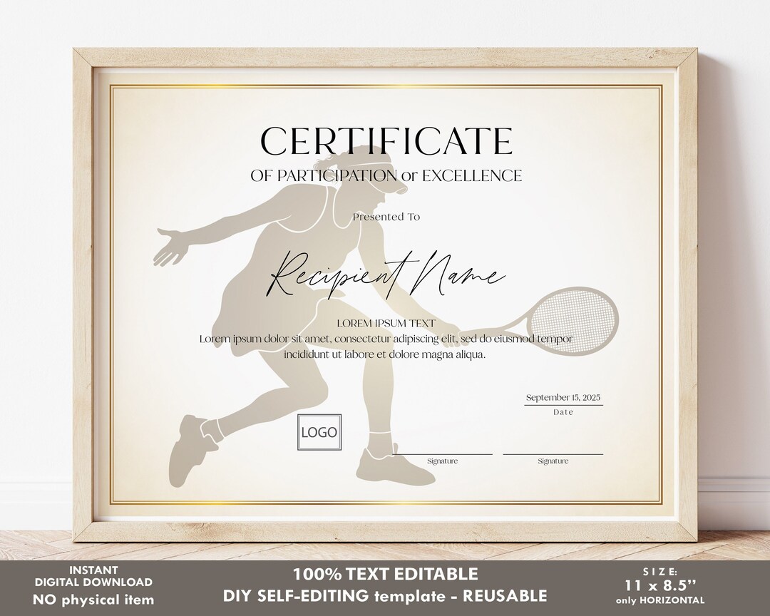 Woman's Tennis Certificate Award Template, Woman With Tennis Racket ...