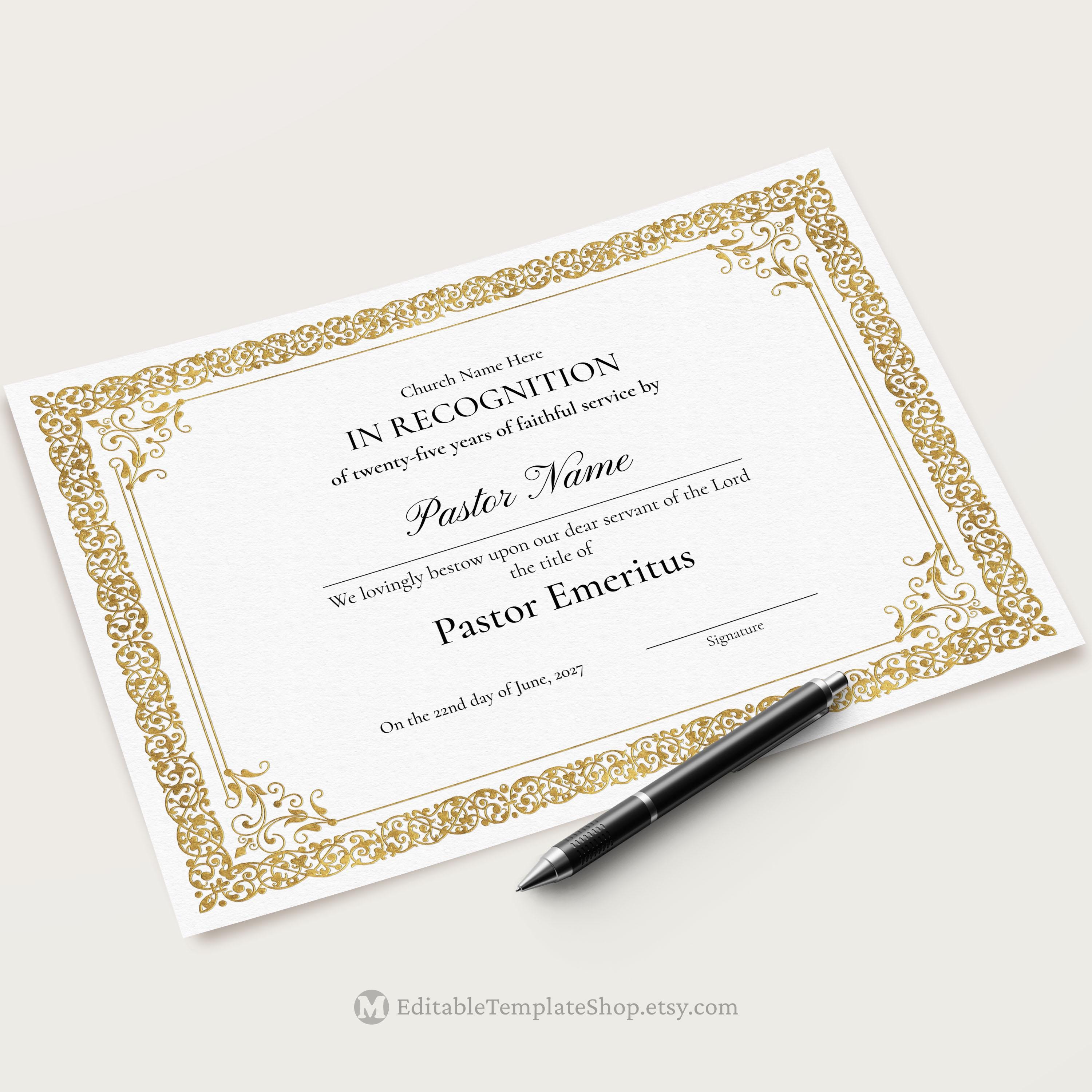 Pastor Emeritus Church Recognition Certificate Template, Church Award ...