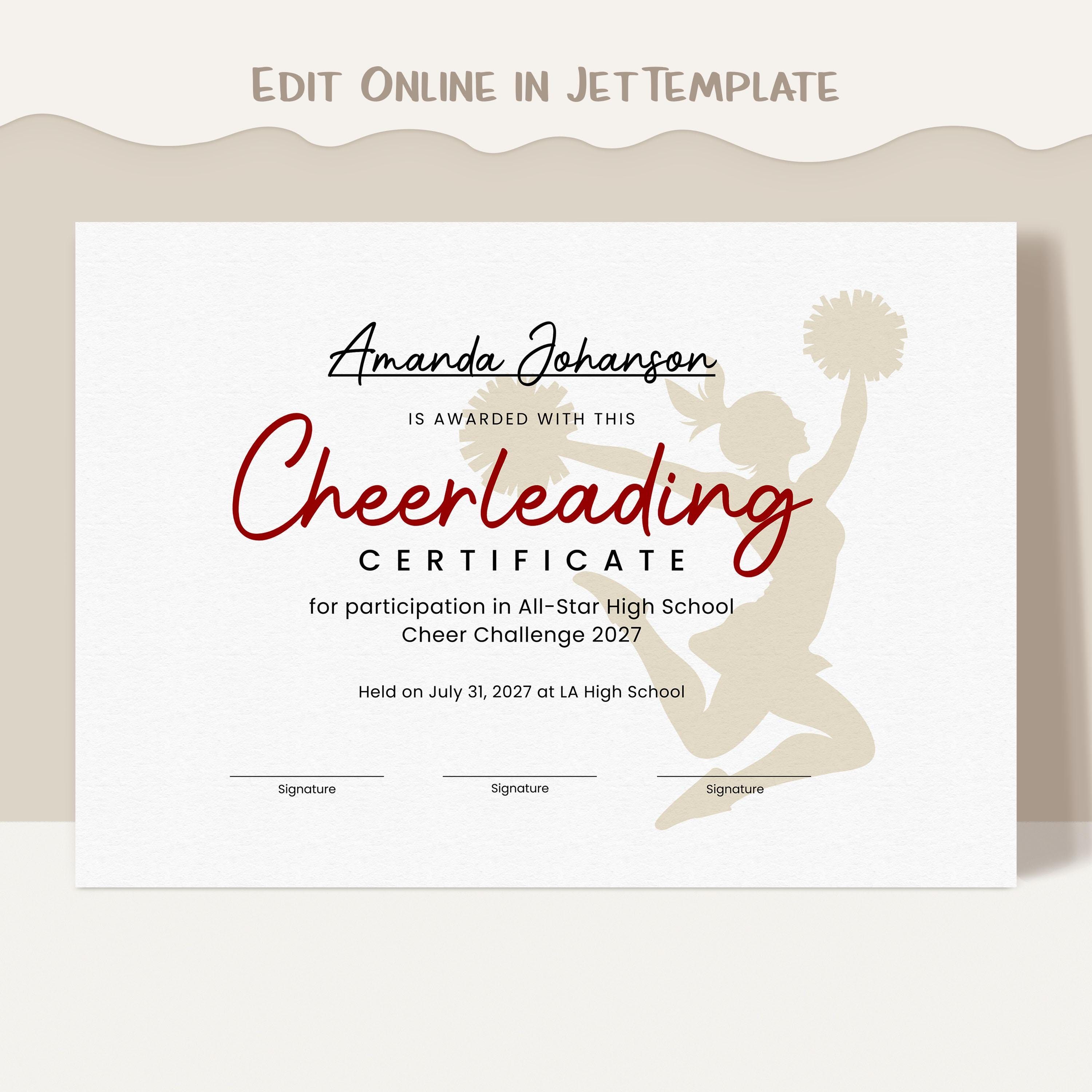 Cheerleading Certificate of Participation Template, Editable Printable ...