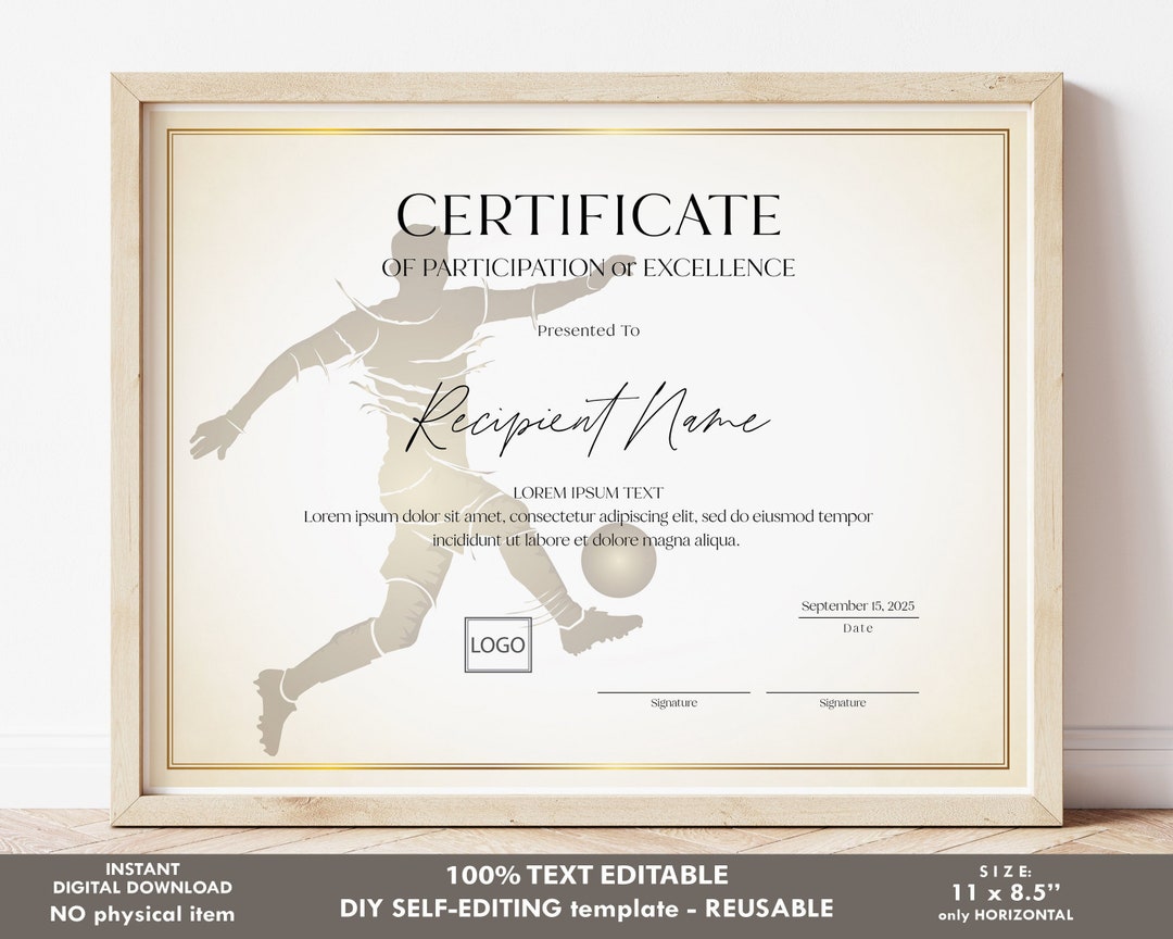 Soccer Football Certificate Template, Sports Certificate Award Editable ...