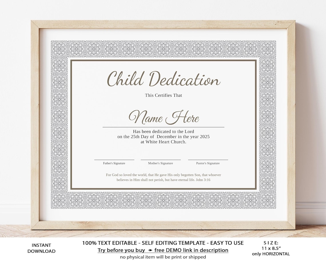 Child Dedication Certificate Template Baby Dedication - Etsy