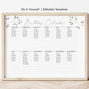 Editable Printable Perpetual Birthday Calendar Minimalist Calendar ...