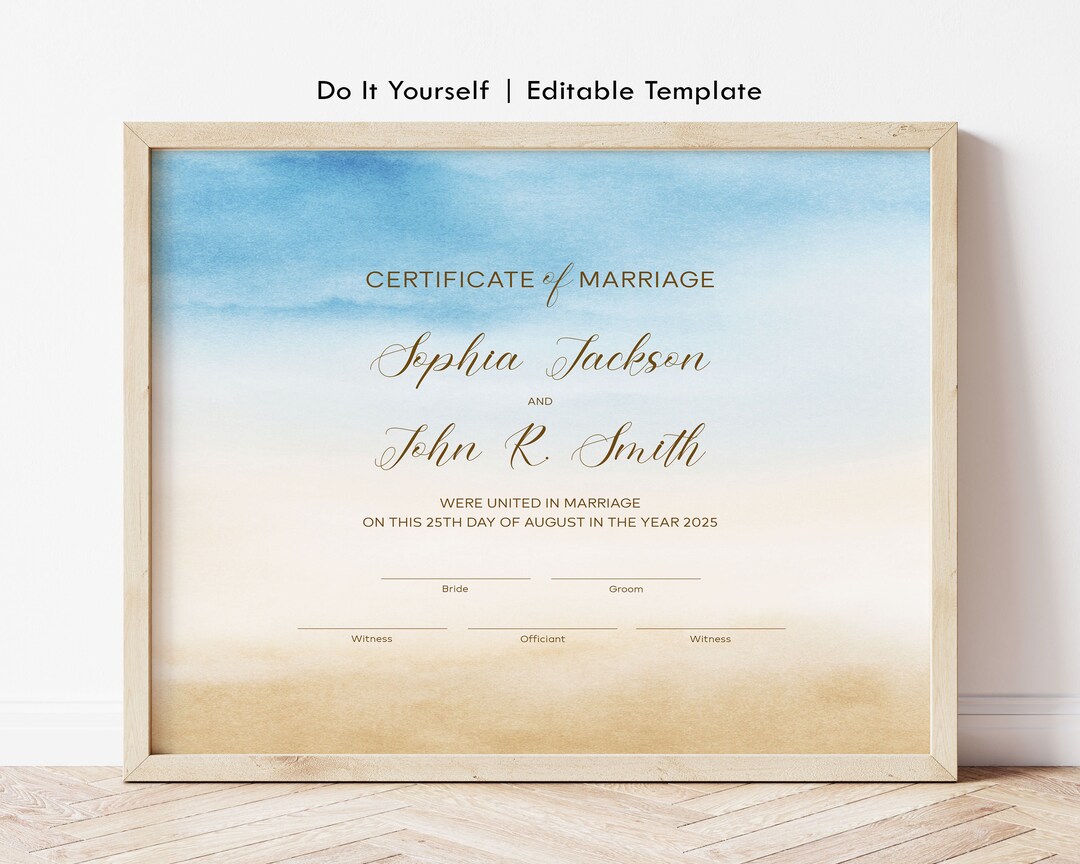 Beach Wedding Certificate Template Marriage Keepsake - Etsy