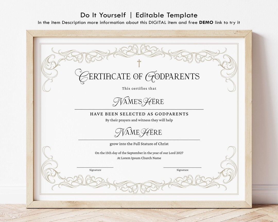 Editable Godparents Certificate Template, Godmother Godfather Baptism ...