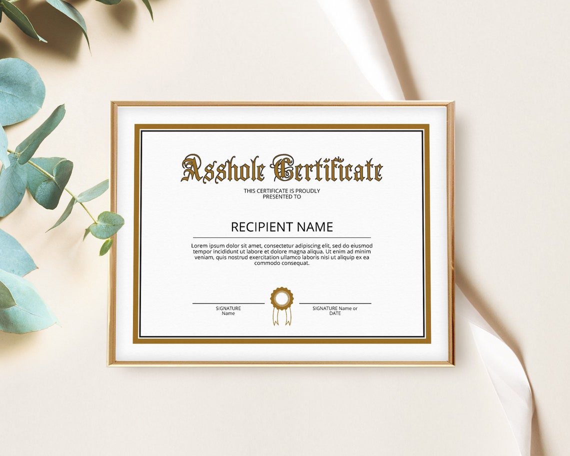 Editable Asshole Certificate Template Printable Certificate Etsy