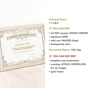 EDITABLE Stock Certificate Template, Printable Certificate of Stock ...