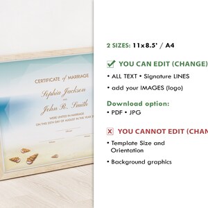 Beach Wedding Ceremony Certificate Template Editable Summer Beach ...