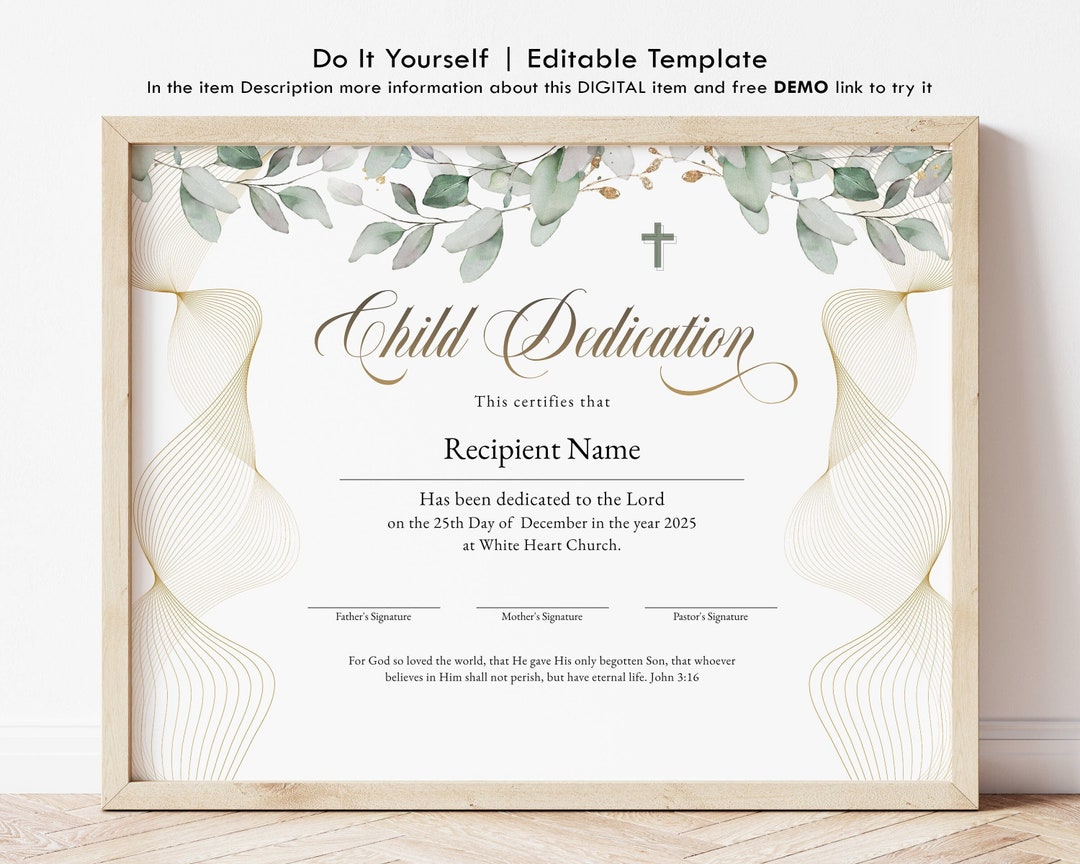 Child Dedication Certificate Template Child Dedication Editable ...