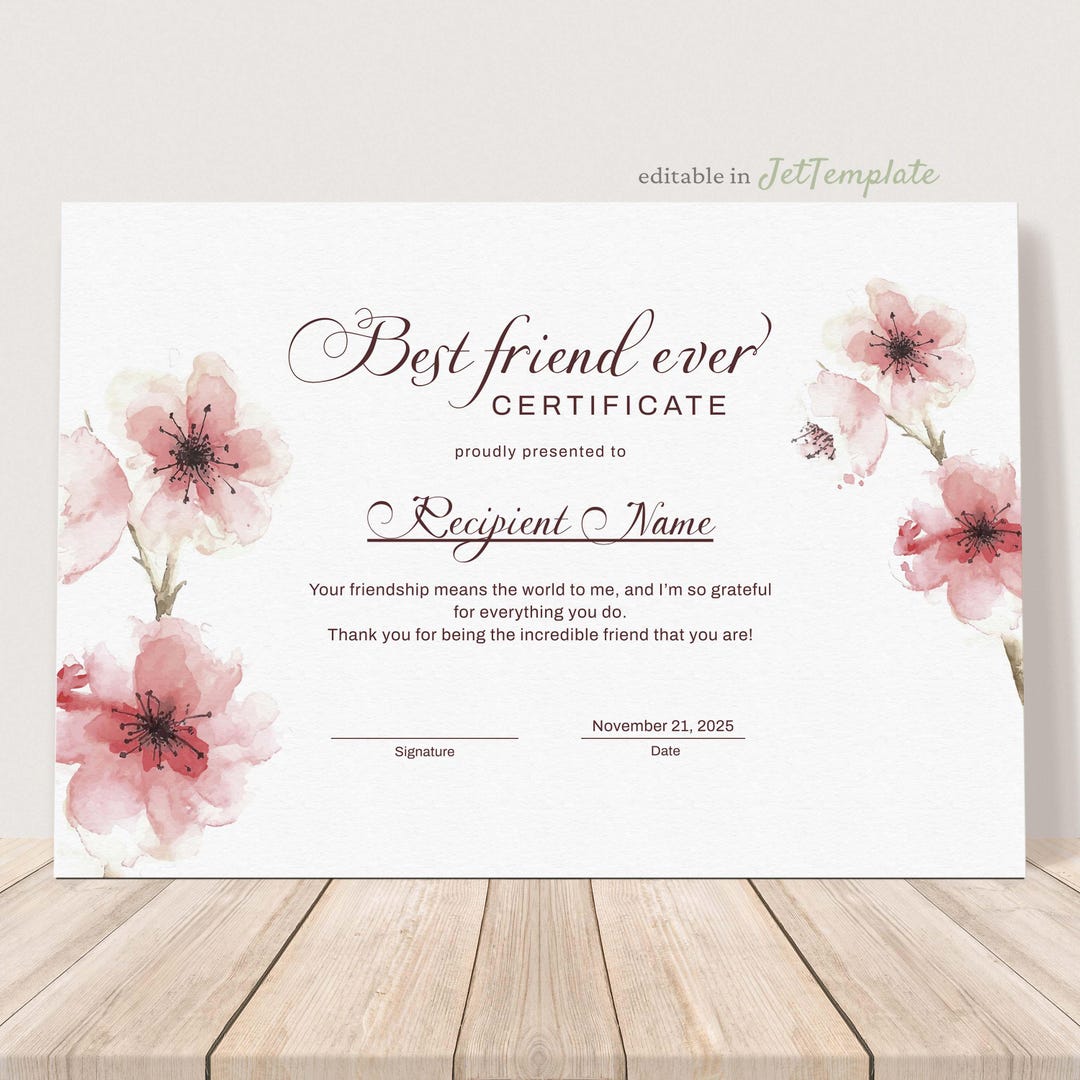 Editable Best Friend Forever Certificate Template, Personalized Gift ...