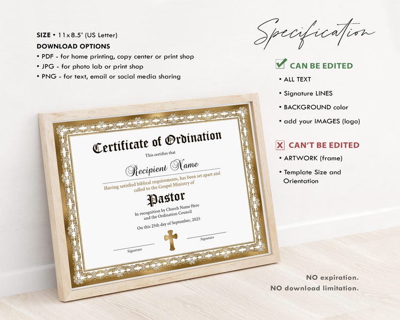 Pastor Ordination Certificate Template Editable Certificate - Etsy