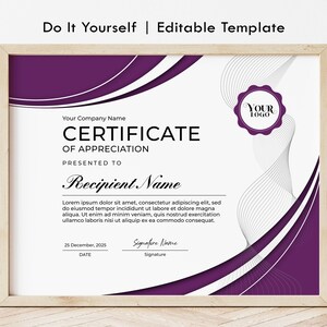 Purple Certificate of Appreciation, EDITABLE Appreciation Certificate ...