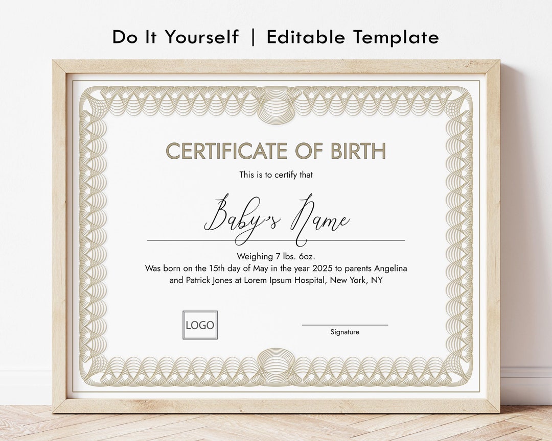 Editable Birth Certificate Template, Printable Baby Boy Girl Gift ...