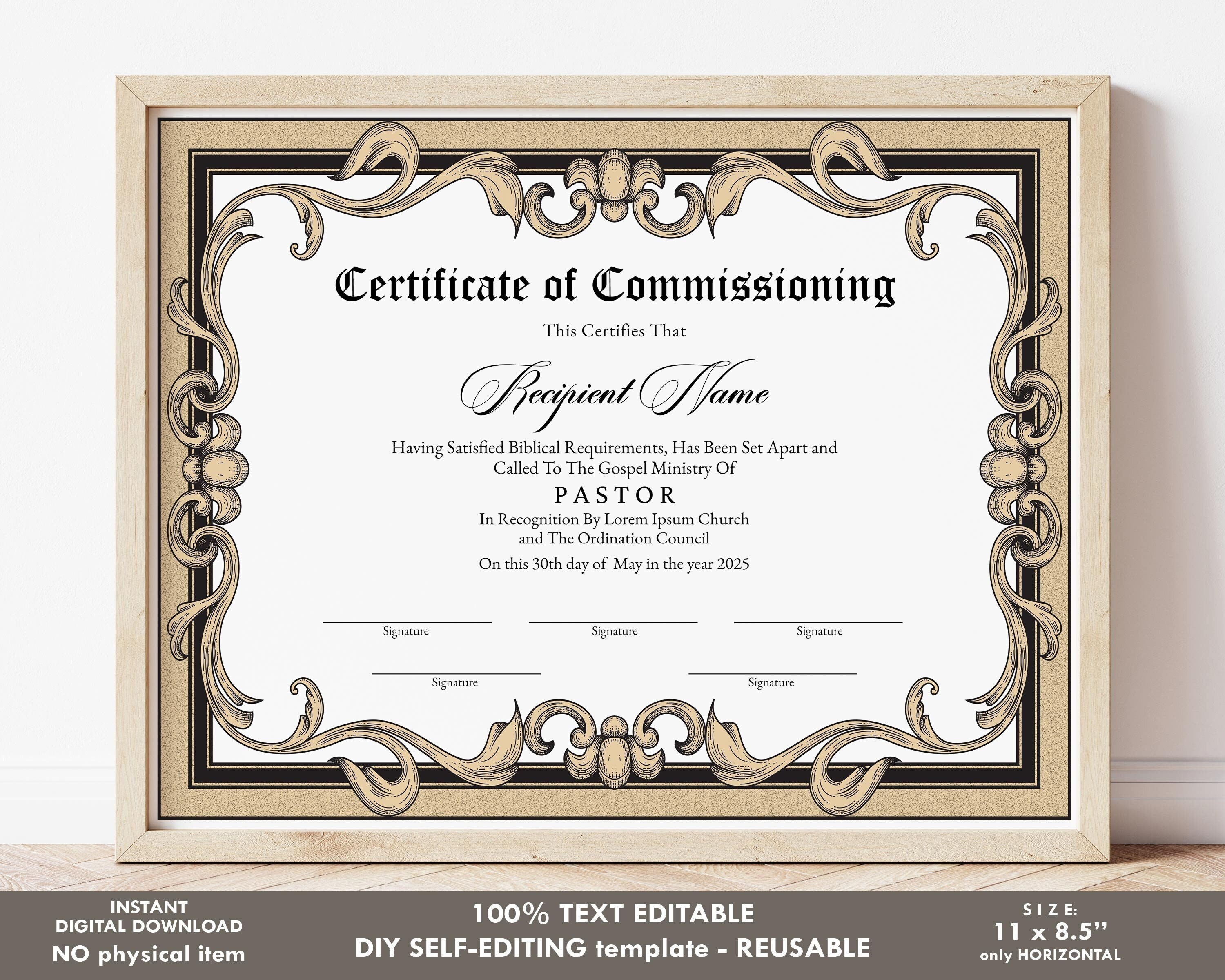 Editable Ordained Minister Certificate Template Commissioning - Etsy