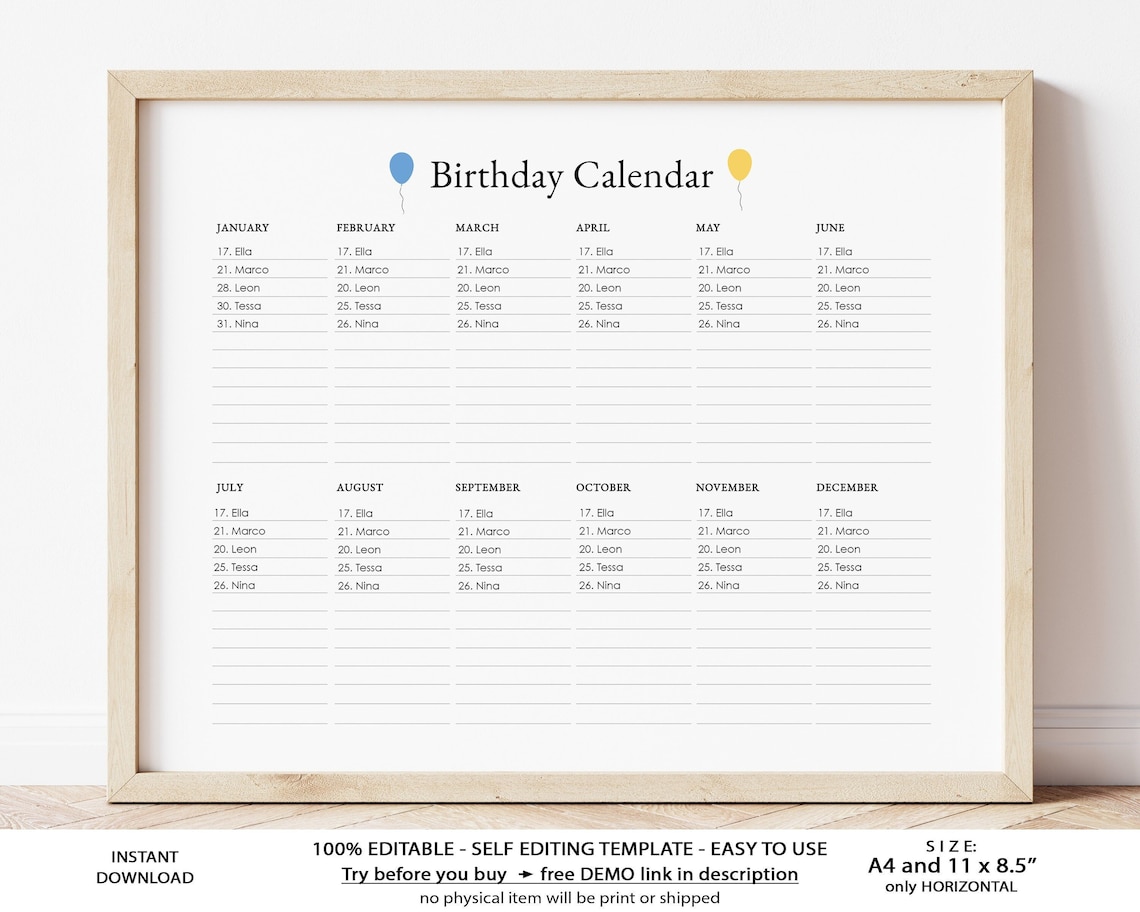 Editable Printable Perpetual Birthday Calendar Minimalist - Etsy