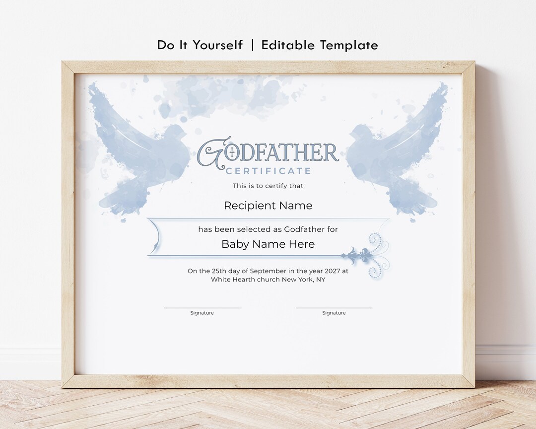 Godfather Certificate Template Editable Printable Baptism - Etsy