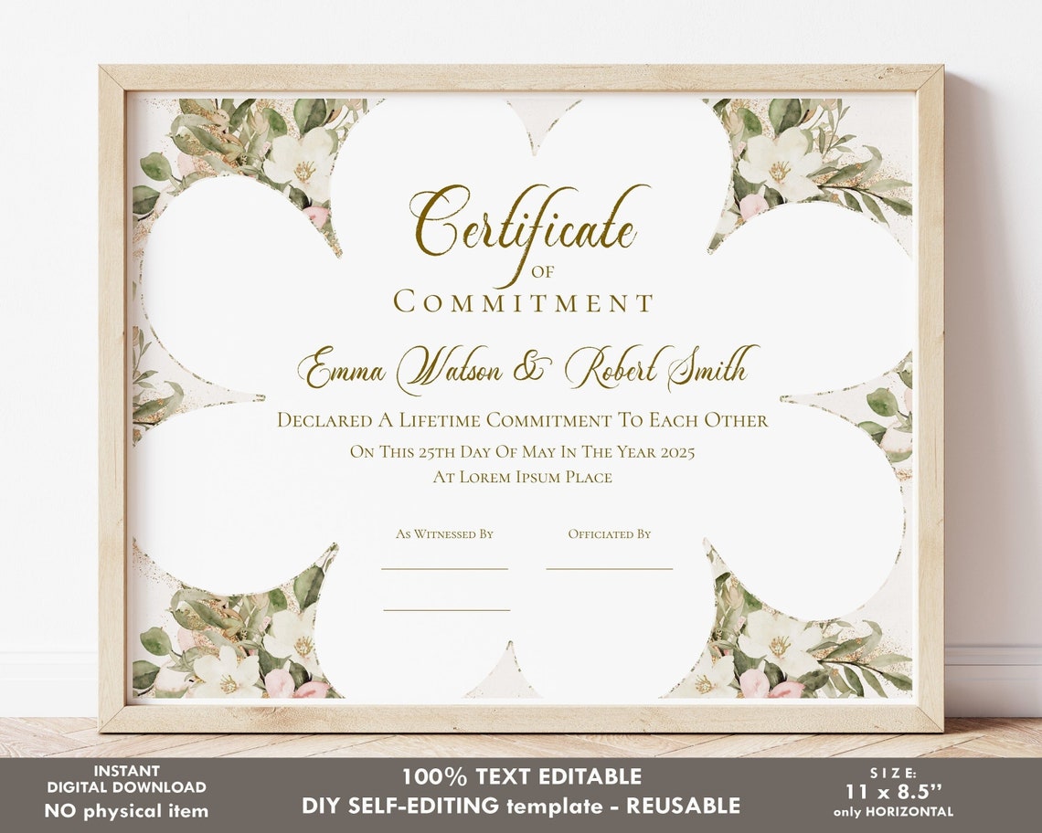 Certificate of Commitment Editable Printable Marriage - Etsy