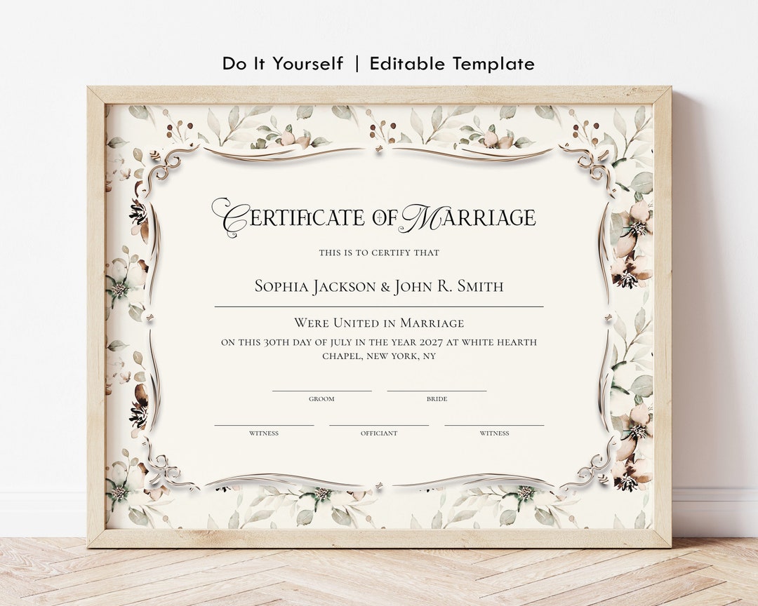 Rustic Marriage Keepsake Certificate Template Editable Wedding ...