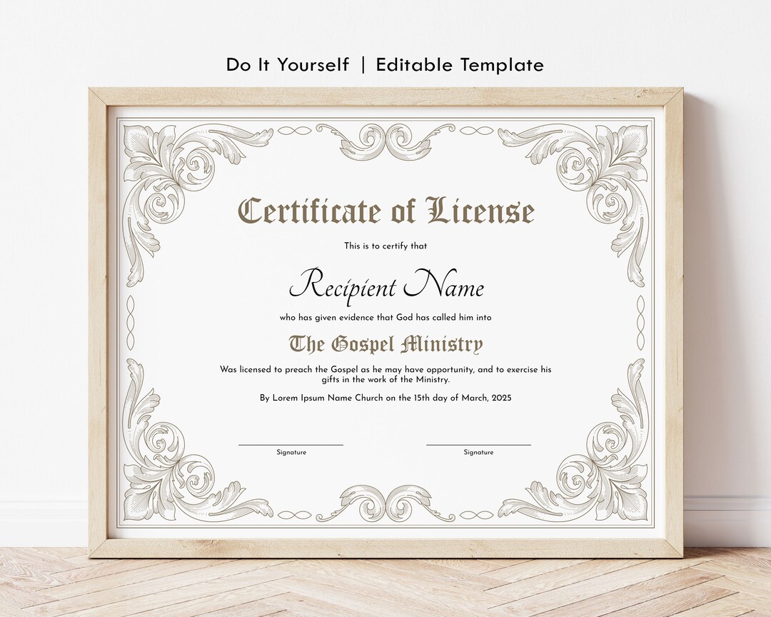 Editable Certificate of License to Preach Template, Minister's License ...