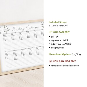 Editable Printable Perpetual Birthday Calendar Minimalist Calendar ...