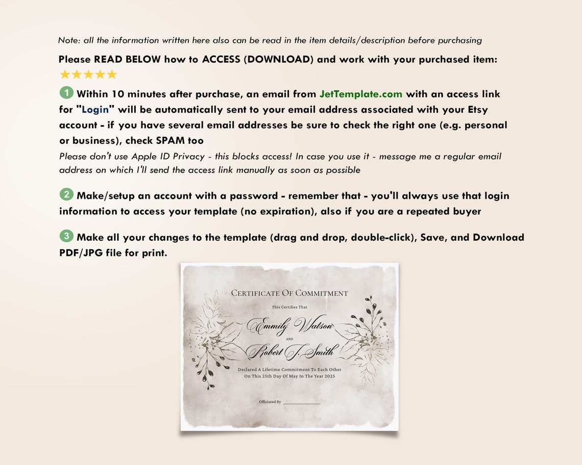 Commitment Certificate Template Editable Printable | Etsy