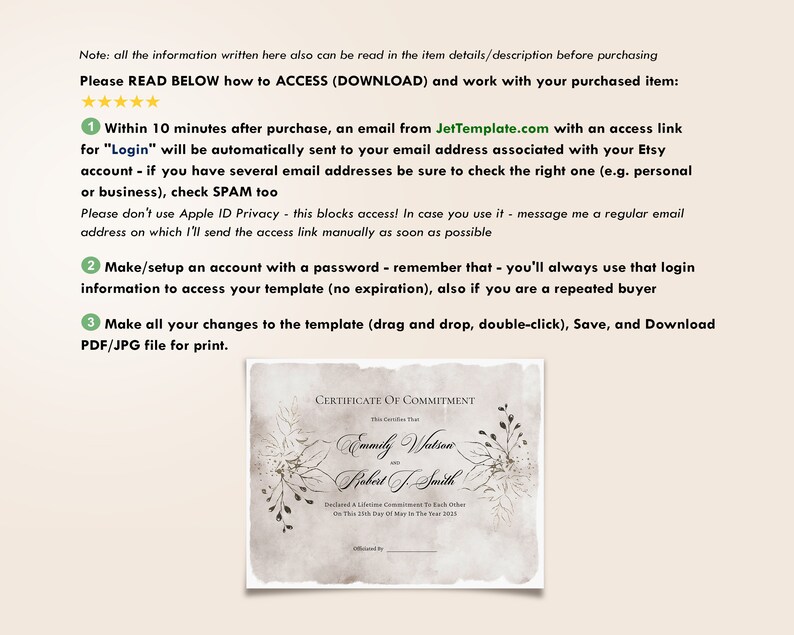 Commitment Certificate Template Editable Printable | Etsy