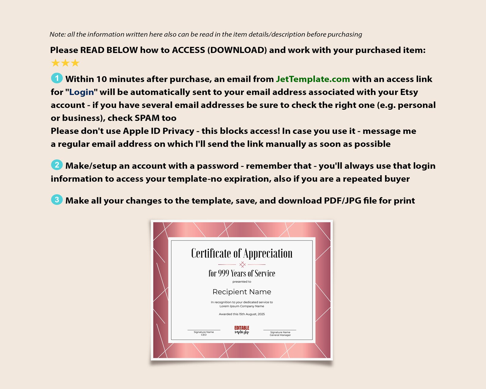 25 Years of Service EDITABLE Certificate of Appreciation - Etsy