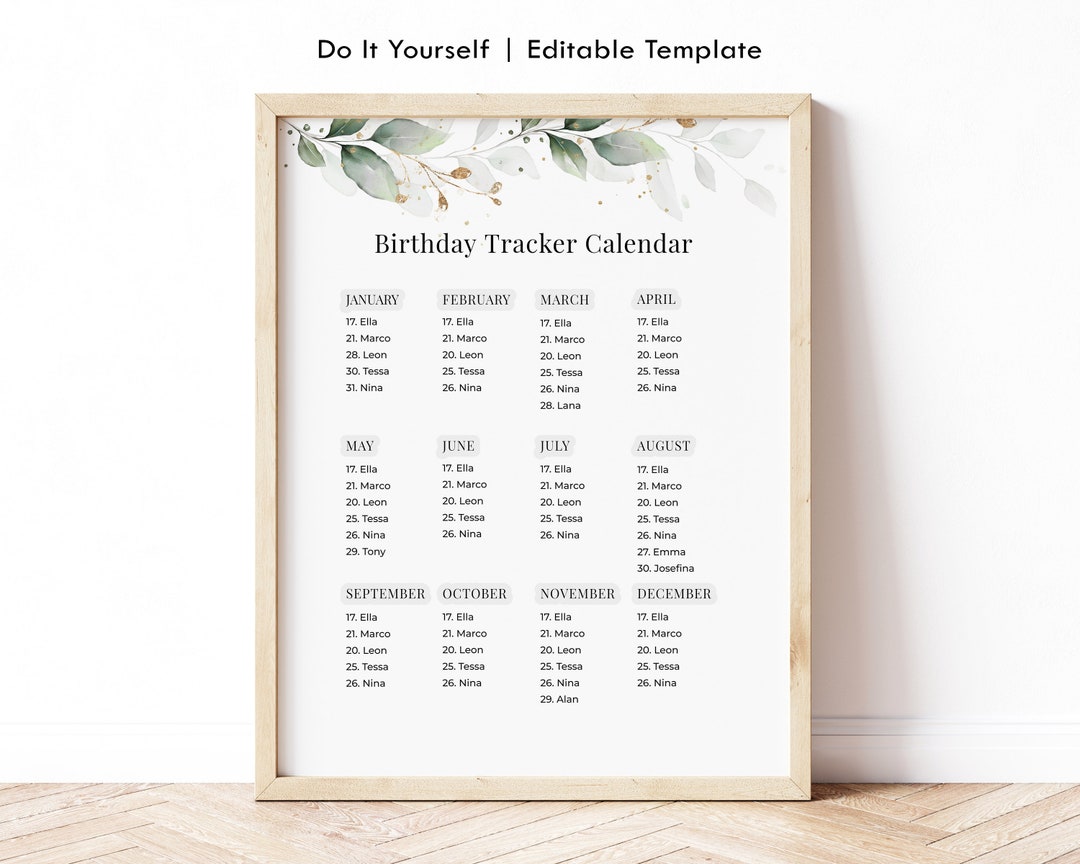 Editable Birthday Tracker Calendar Printable Calendar Template ...