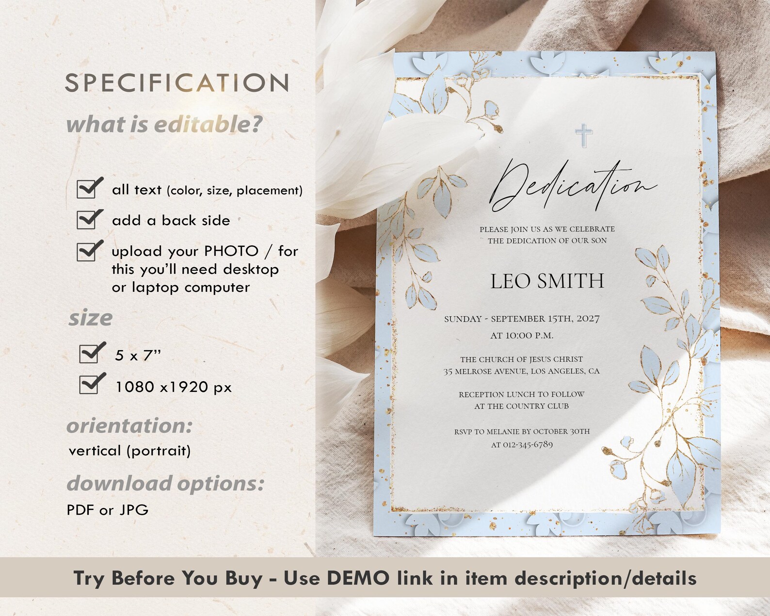 Dedication Invitation Template, Baptism Invitation, Gold Blue Baptism ...