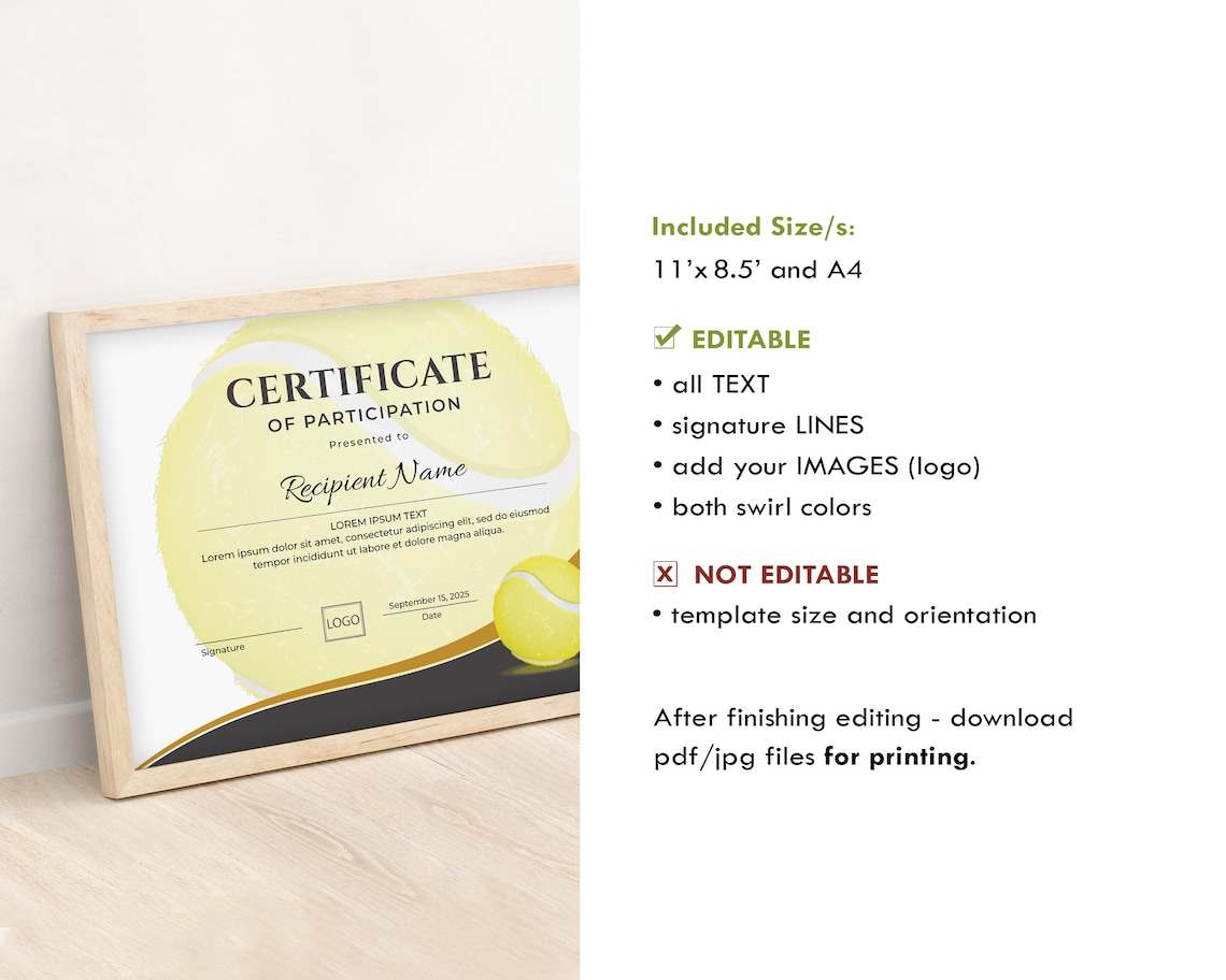 EDITABLE Tennis Certificate Template, Sport Award Certificates ...