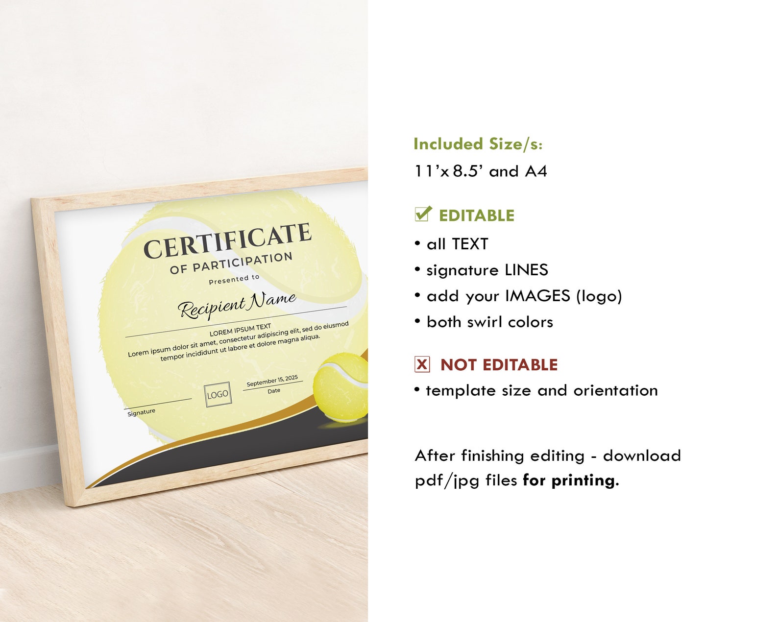 EDITABLE Tennis Certificate Template, Sport Award Certificates ...