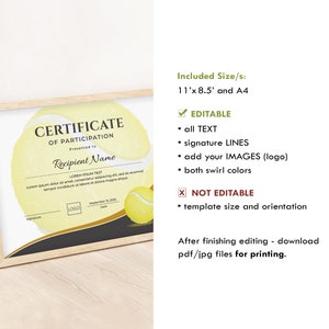 EDITABLE Tennis Certificate Template, Sport Award Certificates ...