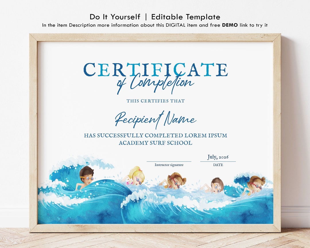 EDITABLE Swimming Certificate Template Kids Sports Swimming - Etsy