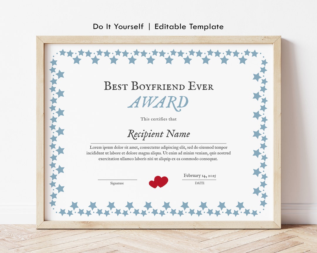 Best Boyfriend Ever Award Certificate Template, Printable Editable ...