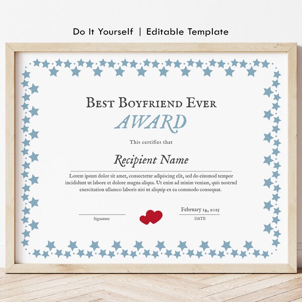Best Boyfriend Award Certificate - Etsy