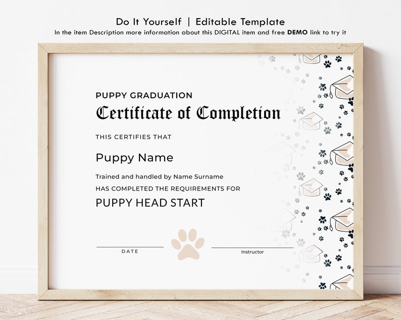 Dog Training Certificate Template Editable Puppy Graduation - Etsy