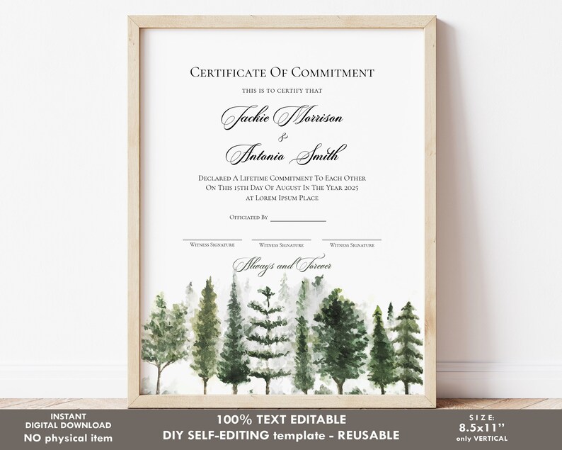 Commitment Ceremony Certificate Template Editable Certificate - Etsy
