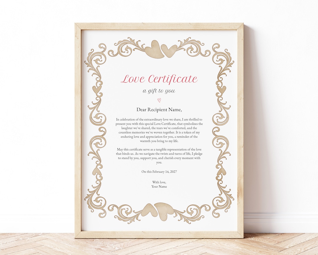 Certificate of Love Couple Gift Keepsake, Personalized Valentines Day ...