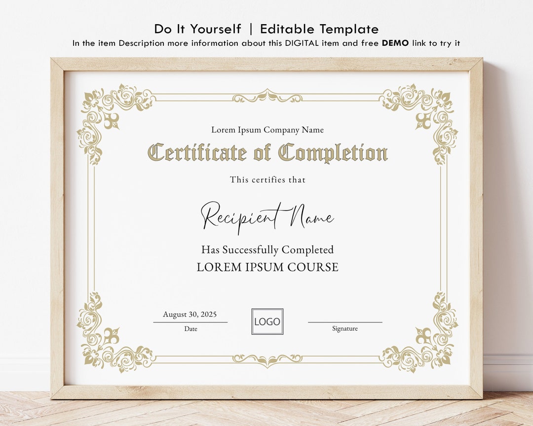 Editable Certificate of Completion Template, Printable Certificate ...