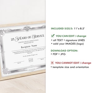 25 Years of Service Recognition Award Certificate of Appreciation ...