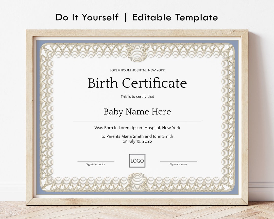 Birth Certificate Template EDITABLE Certificate of Birth Baby Boy Gift ...