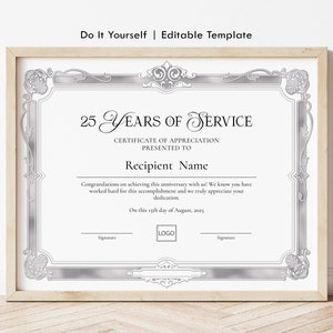 25 Years of Service Recognition Award Certificate of Appreciation ...