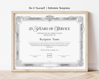 25 Years of Service Anniversary Award Certificate of Appreciation ...