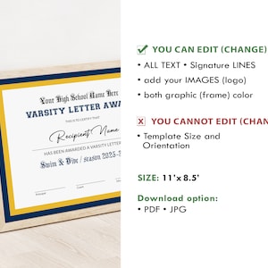 EDITABLE Varsity Letter Award Template, Swim & Dive Template JV Junior ...